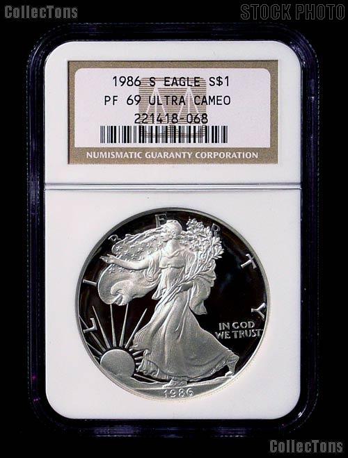 1986-S American Silver Eagle Dollar PROOF in NGC PF 69 ULTRA CAMEO