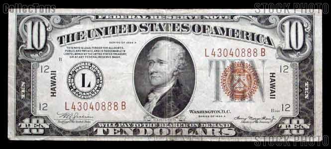 Ten Dollar Bill Hawaii Note Brown Seal US Currency Good or Better
