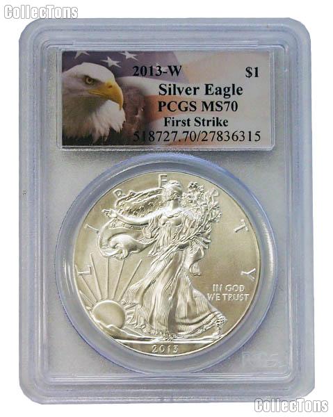 2013-W American Silver Eagle Dollar BURNISHED in PCGS Special Eagle Label First Strike MS 70