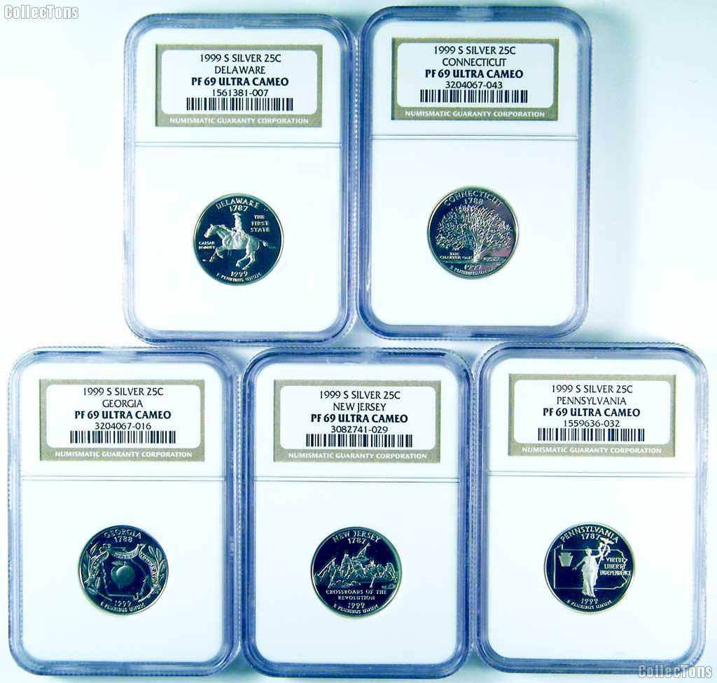 1999 Proof SILVER State Quarters 5-Coin Set in NGC PF 69 Ultra Cameo