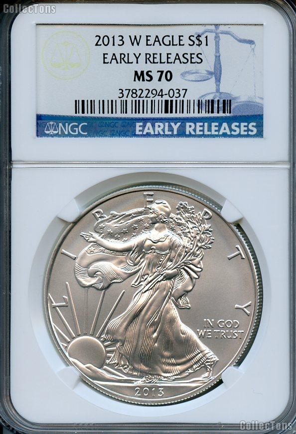 2013-W American Silver Eagle Dollar Burnished EARLY RELEASES in NGC MS 70