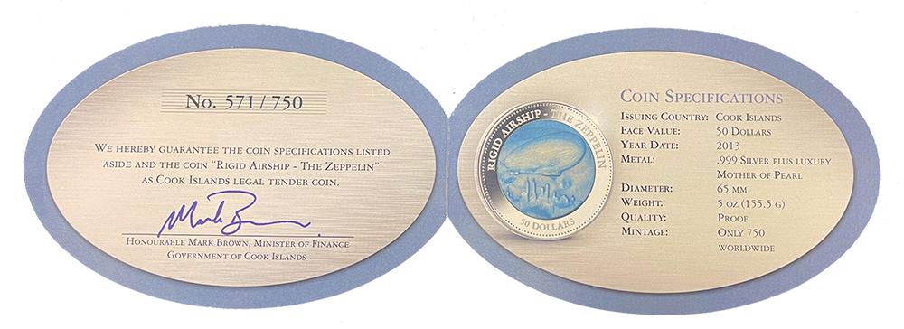 2013 Rigid Airship The Zeppelin $50 Cook Islands Silver and Mother of ...